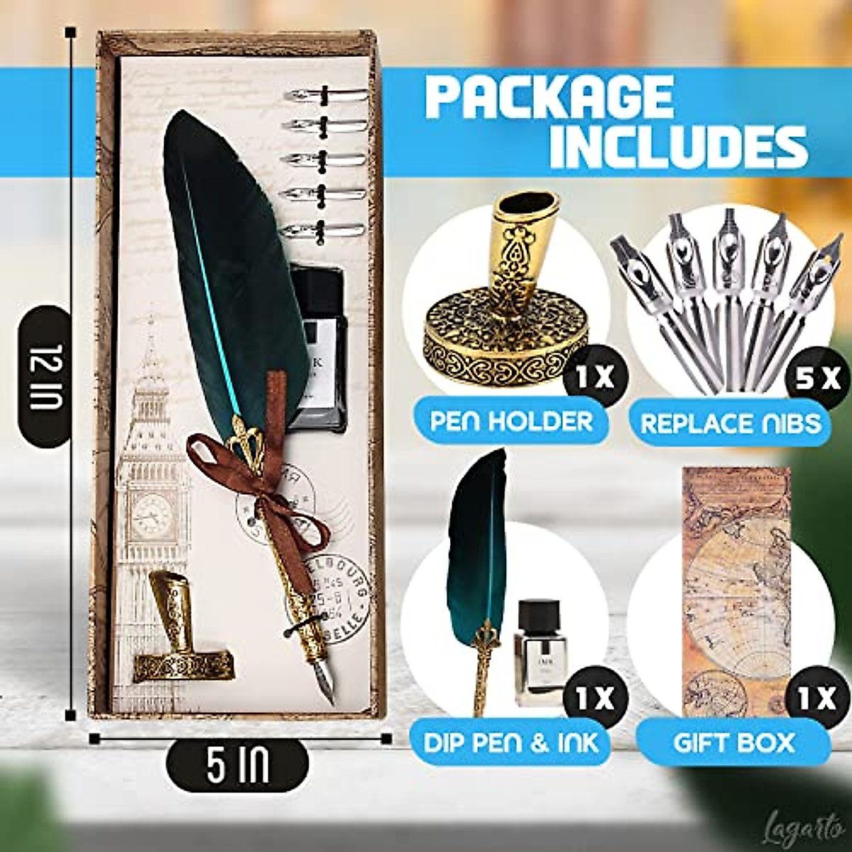 Feather Quill Pen and Ink Set - Calligraphy Pen Dip Set with Inkwell And Stand - Quill Pen Set with 5 Stainless Steel Nibs for Writing Paper, Letter Drawing Pen - Feather Pen Birthday Gift for Adults