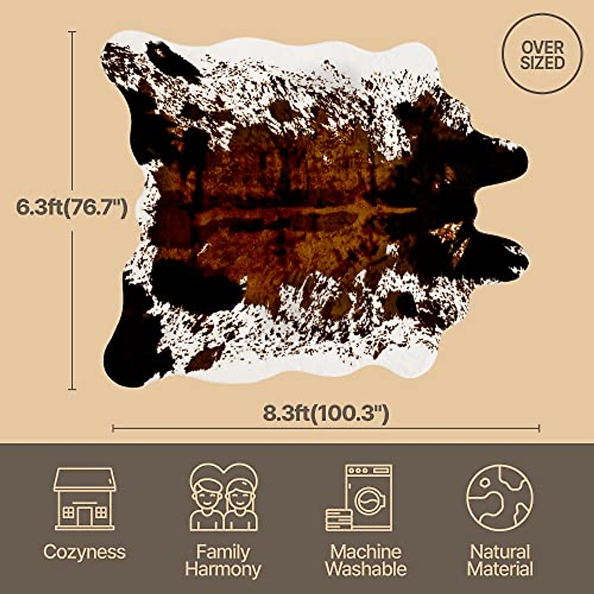 CONBEN Oversized Faux Cowhide Rug (6.3ft x 8.3ft) - Non-Slip Backing, Cow Print Decor - Farmhouse, Western Floor Rugs for Living Room, Bedroom, Dining Area or Office