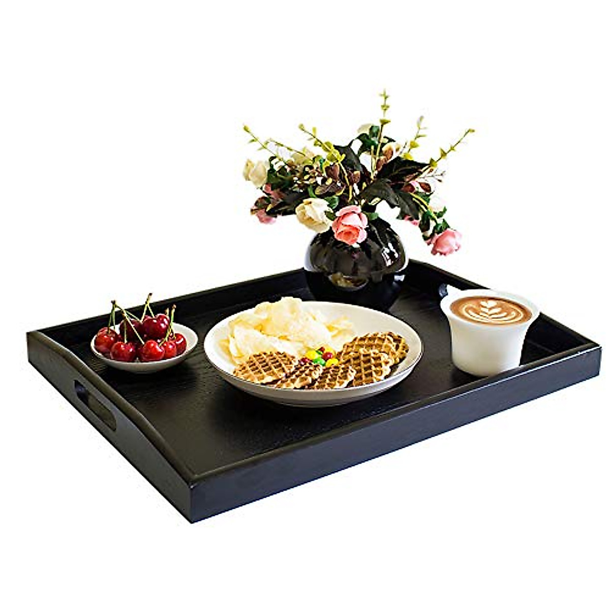 Large Trays Serving Trays Serving Tray with Handles Trays for Eating Breakfast Food Trays Serving Tray Restaurant Ottomans Wooden Black (Large)