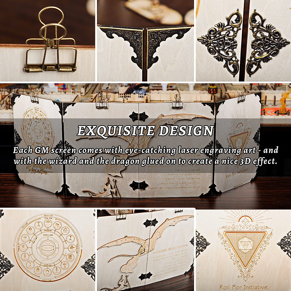 Dungeon Master's Screen 4-Panel Wood Laser Carved DM Screen with Felt Case - D&D, Tabletop RPG Accessories for Game Master