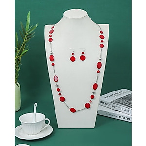 Jules D. Long Link Chain Multi Colorful Red Green Blue Necklace Earring Set Crystal Shell Stone Beads Statement Necklace for Women Gift (Red)