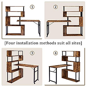 Merax, Brown L Shaped Corner Desk with Shelves and Storage, Rotating, 5-Tier Bookcase, Multi-Functional Office Workstation