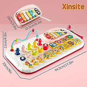 Educational Toys Learning Montessori for Kids,7 in 1 Puzzles Number Shape Sorter Counting Stacker with Number Blocks,Xylophone, Fishing Game for Toddler, Gift for3 4 5 6Year Old Boys Girls（Red）