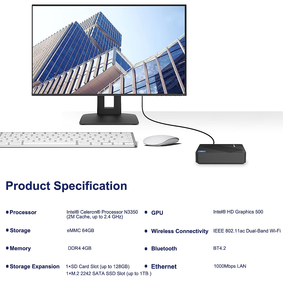 KODLIX Mini PC, Celeron N3350 Dual-Core Processor, 4GB LPDDR4 64GB eMMC, Fanless Mini Desktop Computer Support 4K HD/HDMI+VGA Port/Dual WiFi/Gigabit Ethernet/BT 4.2