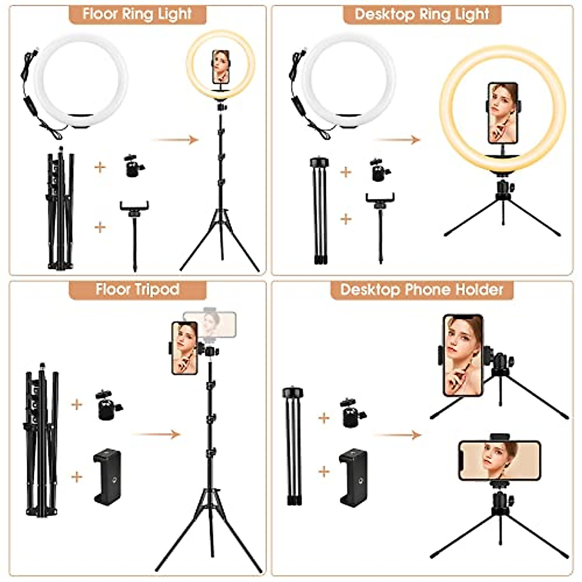 13 inch Ring Light with Floor Tripod and Desk Stand(Ringlight Kit Totally 74" Tall), LED Circle Light with Phone Holder, for Photo Selfie, Video Recording, Zoom Meeting