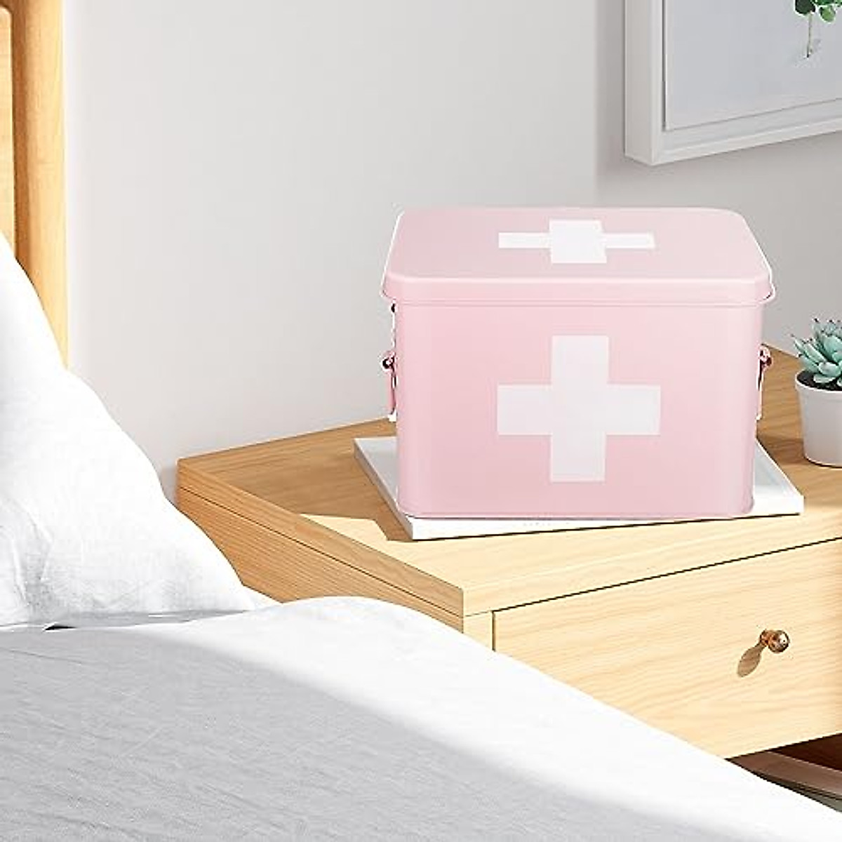 Flexzion First Aid Box Organizer, Empty 8.5 Inch Pink Vintage First Aid Kit Tin Metal Medical Box First Aid Storage Box Container Bins with Dividers, Removable Tray and Cross Logo