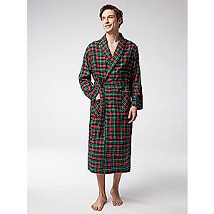 SIORO Mens Robes Flannel 100% Cotton Plaid Bath Robe Soft Flannel Bathrobe Sleepwear for Bath Shower Lounging, Christmas Red and Green Plaid, Large