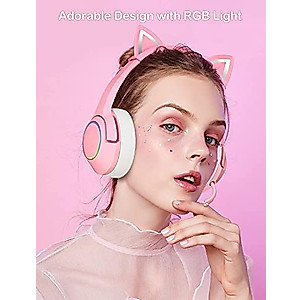 PHNIXGAM Pink Girl Gaming Headset for PS4, PS5, Xbox One(No Adapter), Wired Over-Ear Headphones with Detachable Cat Ears, Noise Cancelling Microphone, RGB Backlight, Surround Sound for PC