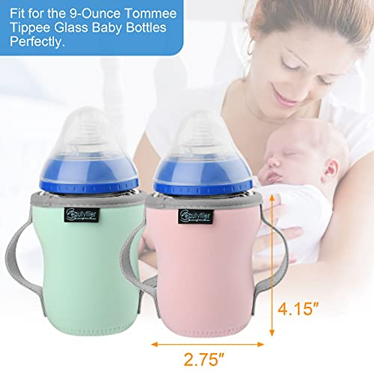 Beautyflier Glass Baby Bottle Sleeve Covers for Tommee Tippee Nature Baby Bottles with Dual Handle, 3.8mm Thicken Heat and Cold Retention Baby Bottle Sleeve (9OZ)