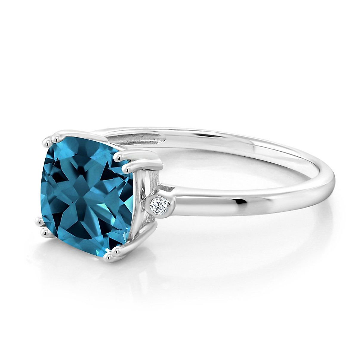 Gem Stone King 10K White Gold 8MM Cushion Gemstone Birthstone and White Diamond 3-Stone Engagement Ring | Three Stone Wedding Anniversary Promise Gold Ring For Women | Size 5,6,7,8,9