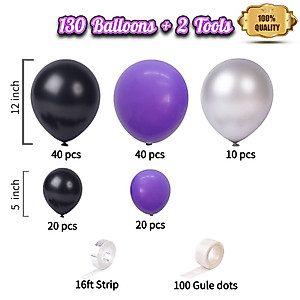 Black and Purple Balloons - 130pcs Black and Purple Balloon Arch Kit with Metallic Silver Balloons, Purple and Black Balloon Garland Kit for Birthday Party Wedding Baby Shower Graduations Festival