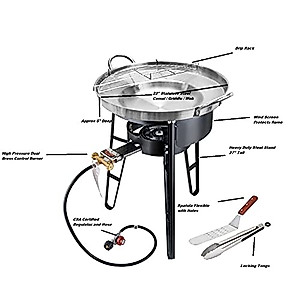 Aramco 22 in Large Mexican Style Wok Concave Comal Griddle Outdoor Cooking Disc Wok Stainless Steel 5pc Set High Pressure Propane Fire Burner Stand,Silver Black Stand