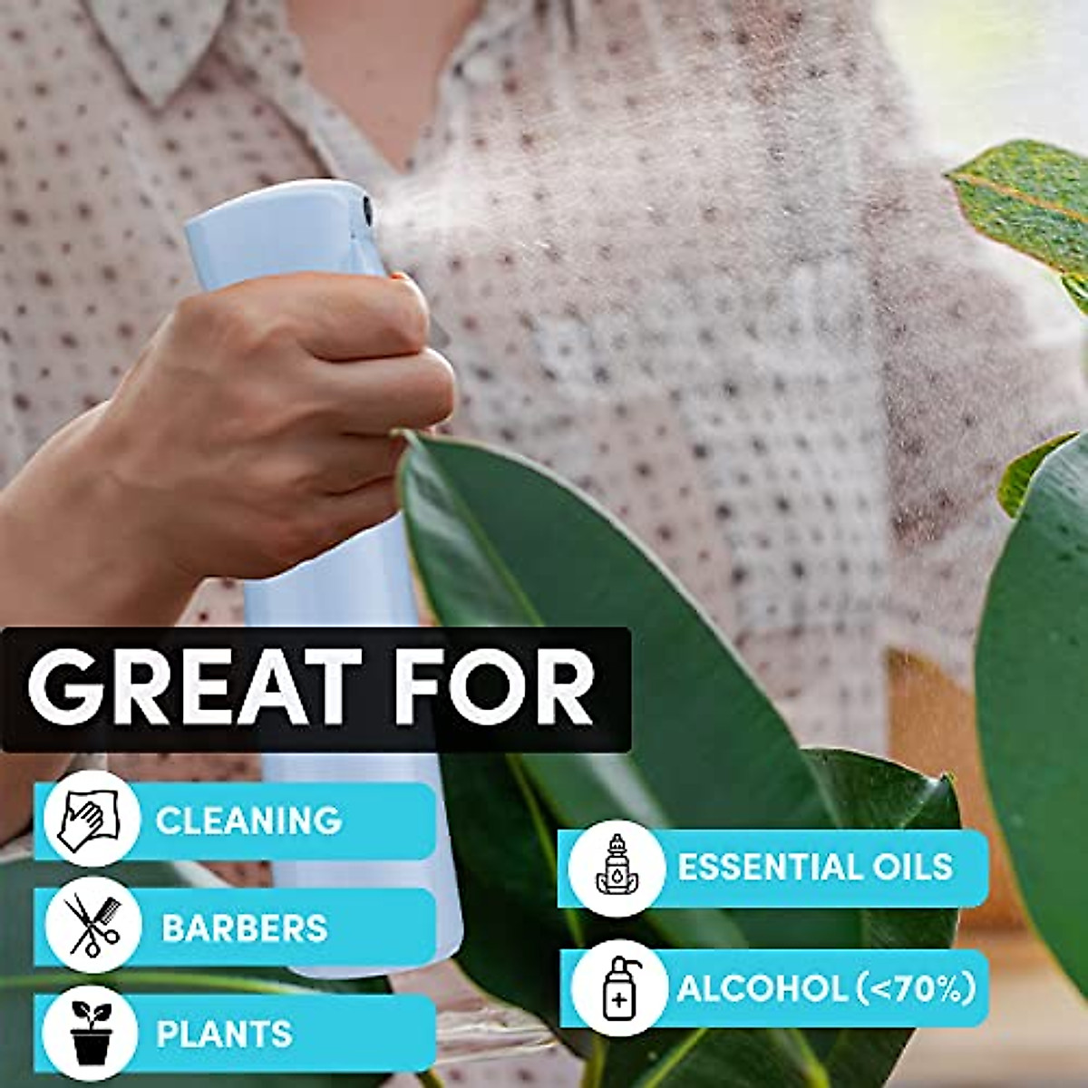 Hula Home Continuous Spray Bottle (10.1oz/300ml) Empty Ultra Fine Plastic Water Mist Sprayer – For Hairstyling, Cleaning, Salons, Plants, Essential Oil Scents & More - Light Blue