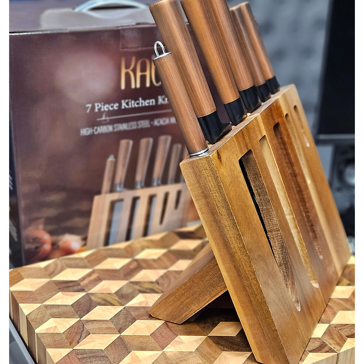 Knife Set with Block, KAV 7pc Kitchen Knives and Sharpening Rod, Stainless Steel Knife Set in High Carbon Matte Black, Chef's Slicing Bread Utility Knifes, Modern Wooden Block Open Face