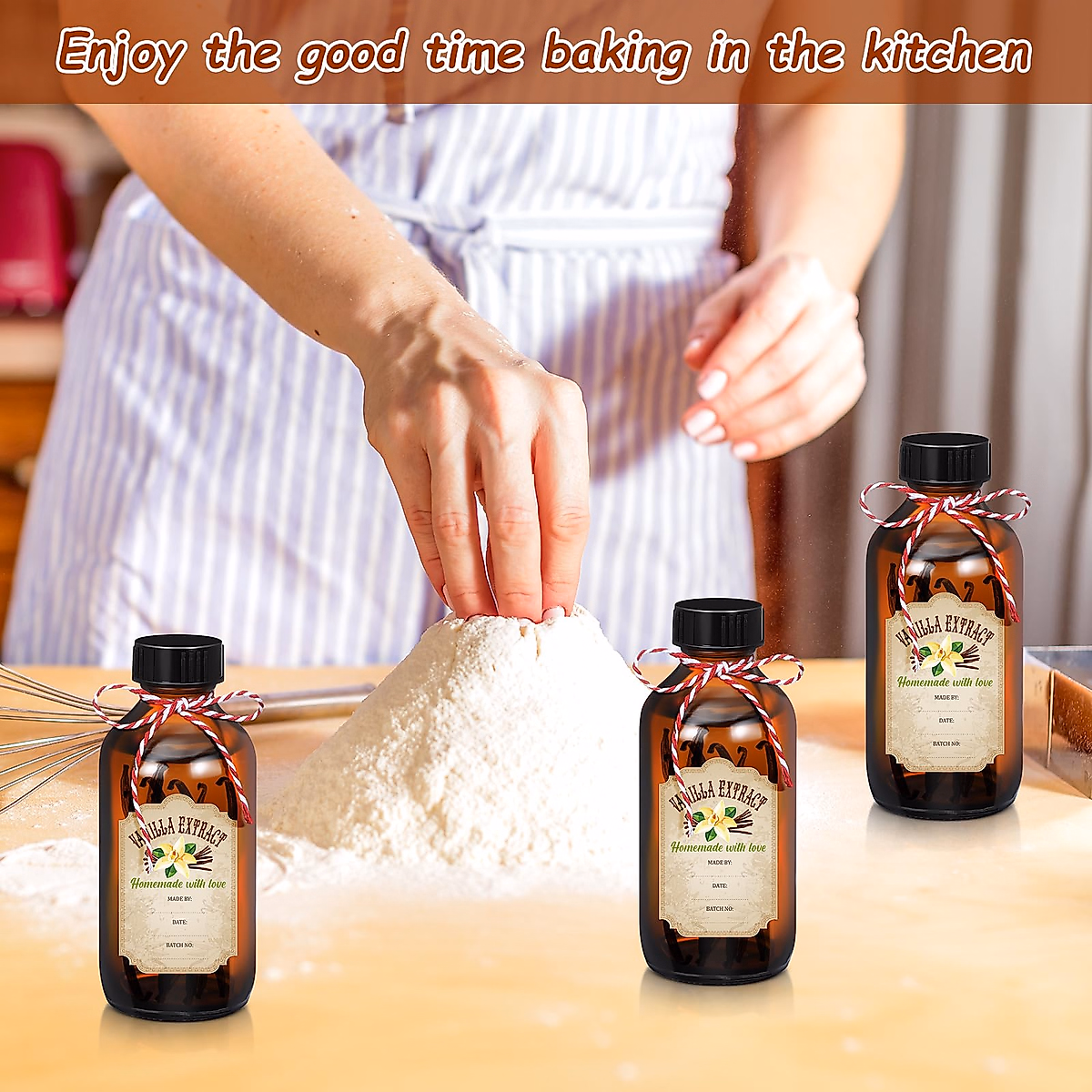 Uiifan 6 Pack Amber Glass Bottle Boston Round Bottles with Caps Brown Vanilla Extract Bottles and 6 Pcs Vanilla Extract Stickers for Syrup Gift Glass Food Storage Canister Set Sauce Beans(4 oz)