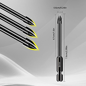10Pcs Masonry Drill Bits Set, 6mm Glass and Tile Drill Bit, 1/4 Hex Shank Tungsten Carbide Tip Drilling Tools for Mirror Ceramic Tile on Concrete and Brick Wall