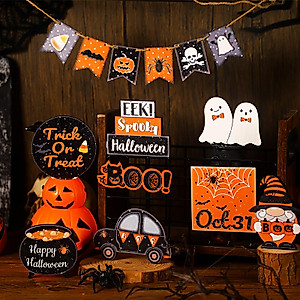 Thyle 15 Pcs Halloween Tiered Tray Decor Set Cute Halloween Wooden Signs Black and Orange Tray Signs Happy Halloween Wooden Signs Ghost Wooden Block Halloween Decor for Home
