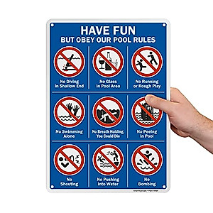 SmartSign 14 x 10 inch “Have Fun But Obey Our Pool Rules” Swimming Pool Metal Sign with Symbols, Screen Printed, 40 mil Laminated Rustproof Aluminum, Multicolor