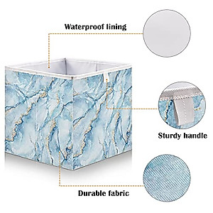 Kigai White Blue Marble Cube Storage Bin, Large Collapsible Organizer Storage Basket for Home Office Décor, 11 x 11 x 11 in