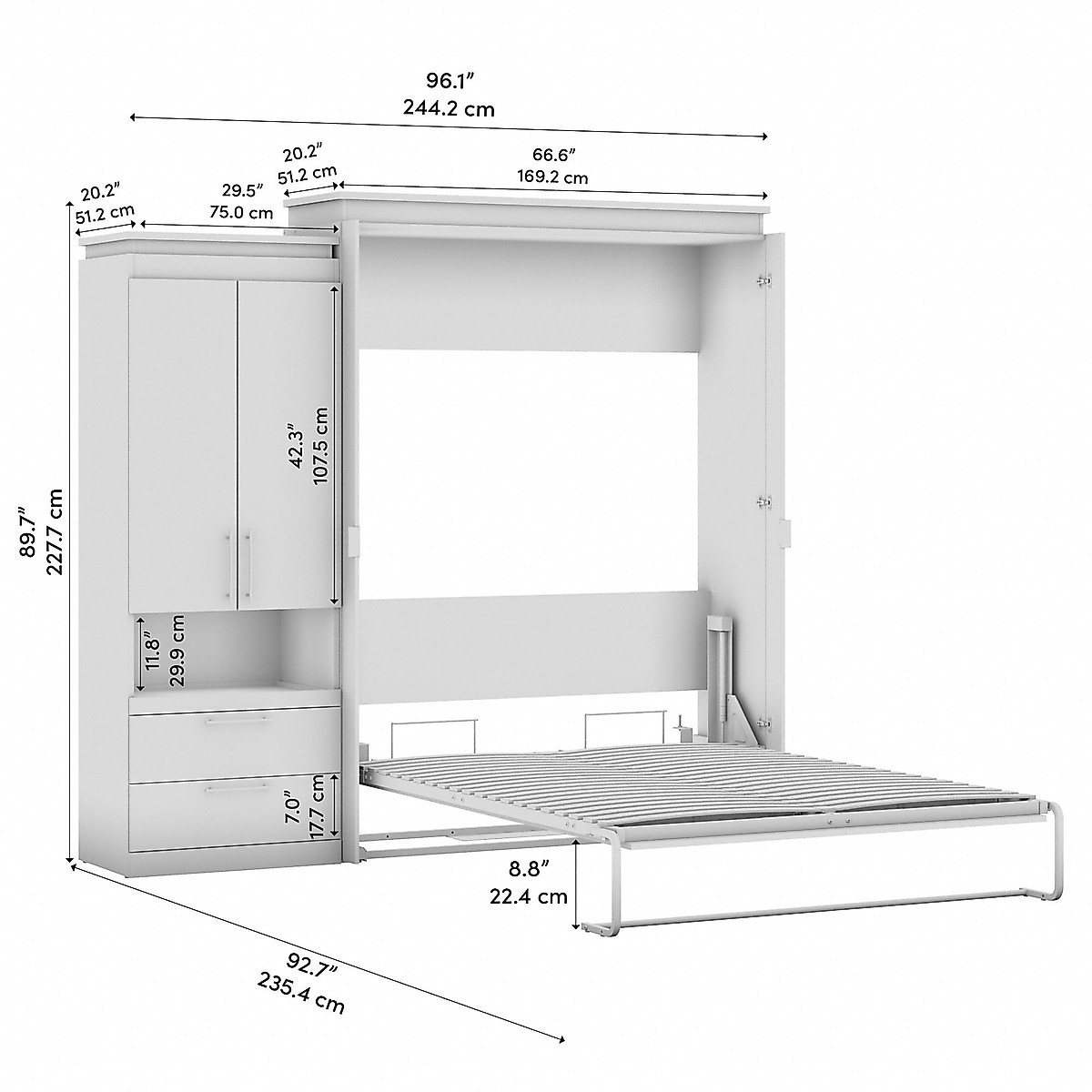 Bestar Orion Queen Murphy Bed with Storage Cabinet and Pull-Out Shelf, Sleeping Arrangement with Shelves, Bark Grey and Graphite