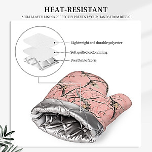 Pink Leaves Camo Silicone Oven Mitts Pot Holder Sets 2pcs Cute Design Washable Non Slip Kitchen Heat Resistant Mat Women's Cooking Gloves for Baking and BBQ Wear