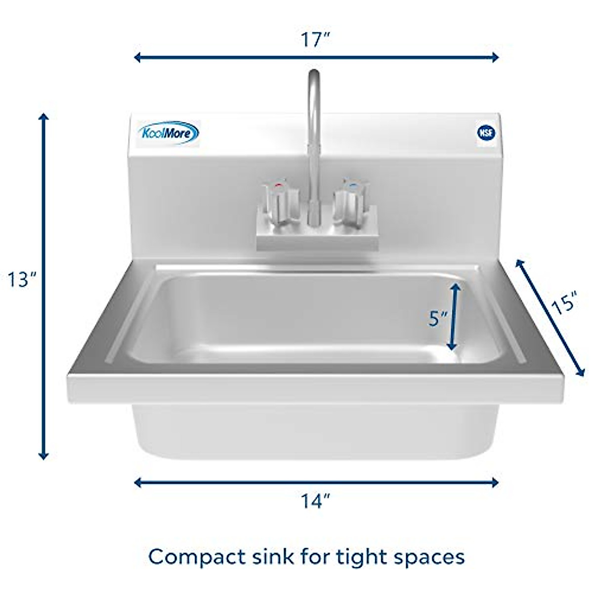 KoolMore Stainless Steel Commercial Hand Sink with Goosneck Faucet 17" x 15" - Wall Mount Hand Wash Sink, Silver (SH17-4GNF)
