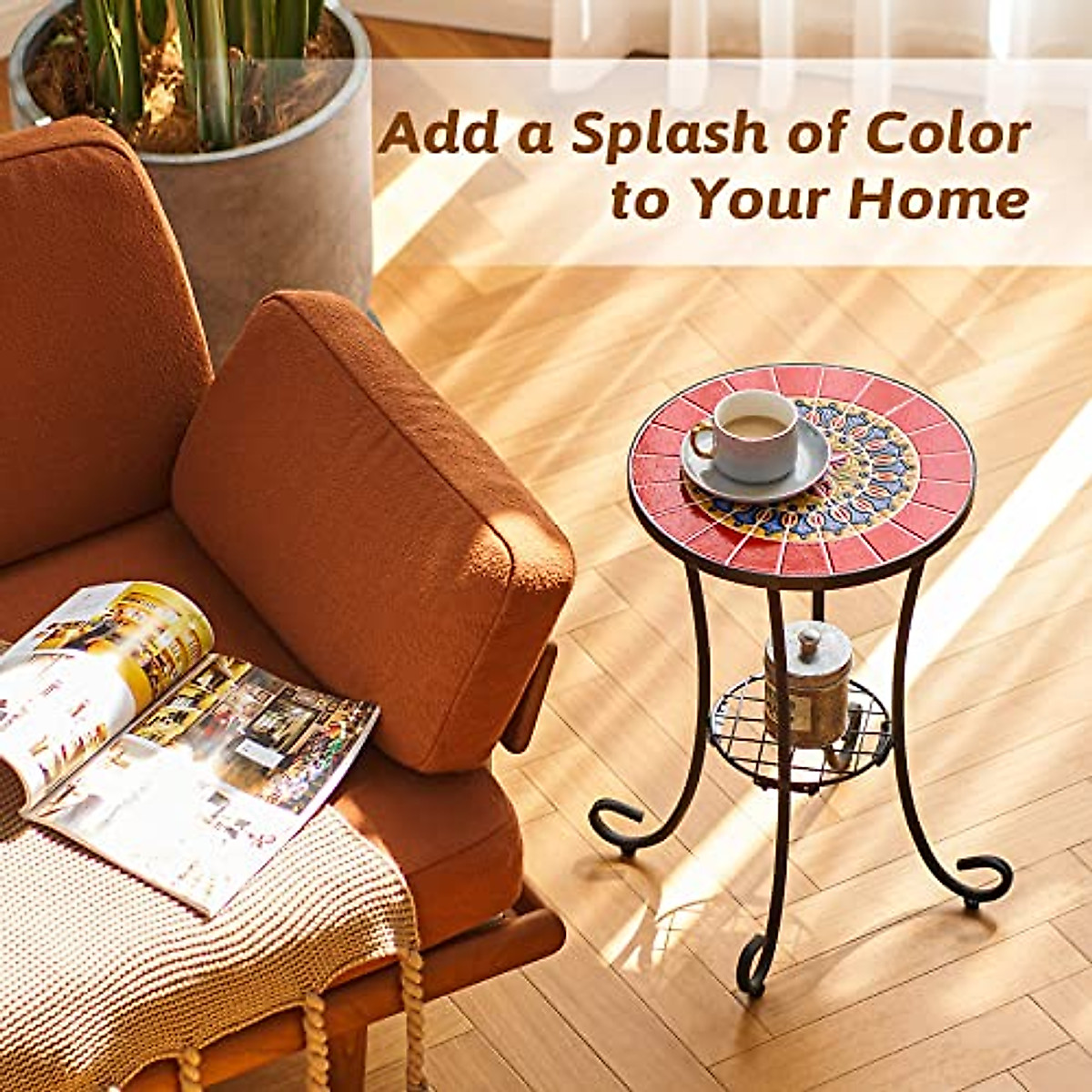 VONLUCE Patio Side Table and Plant Stand, 21" End Table with 14" Ceramic Tile Top for Porch Garden Decor, Indoor and Outdoor Mosaic Table, Living Room Bedroom Balcony Furniture for Home & Garden, Red