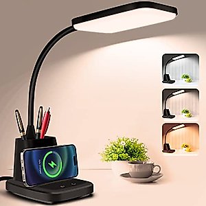 Vicsoon Desk Lamp with Wireless Charger, LED Desk Lamps for Home Office, 800 Lumens, Small Desk Lamp with Pen Holder, Flexible Arm, 3 Modes, Dimming, Touch Lamp for College Dorm Room, with Adapter