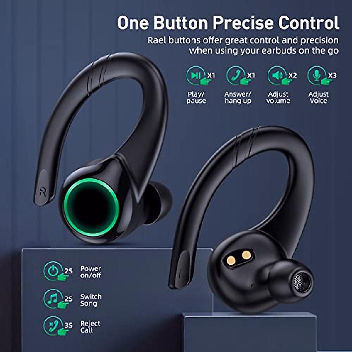 PUREROYI Bluetooth Headphones Wireless Earbuds, 100Hrs Playback Over Ear Earphones with Earhooks, Dual-LED Display, IPX7 Waterproof, Ear Buds Built-in Mic Headset for Sports Running Workout Black