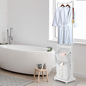 Sootvp Rolling Laundry Hamper Cart with Wheels and Hanging Bar, 2 Tier Rolling Laundry Basket Laundry Basket Organizer，Laundry Sorter for Laundry Bedroom Bathroom w/ 2 Removeable Baskets