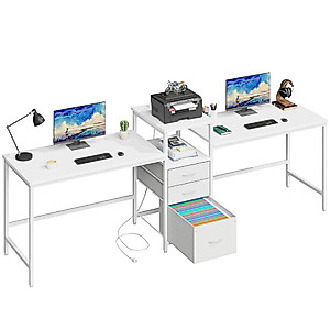 GYIIYUO 94.5'' Two Person Desk with Charging Station, Long Desk with 3 Drawers and Printer Shelf, Double Computer Desk, Fabric Drawers, 2 Person Writing Study Table Workstation for Home Office, White