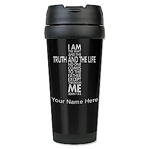 LaserGram 16oz Coffee Travel Mug, Bible Verse John 14-6, Personalized Engraving Included (Black)