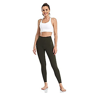 HeyNuts Leggings with Pockets for Women, High Waisted 7/8 Leggings Tummy Control Compression Workout Buttery Soft Pants 25'' Dark Olive L(12)