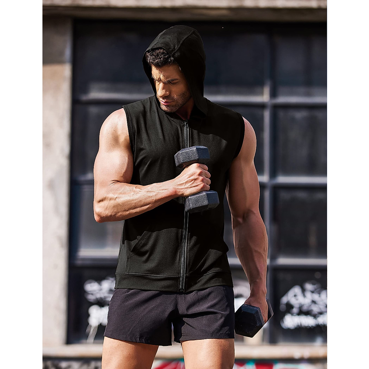 COOFANDY Men Hoodies Sleeveless Workout Tank Top Zip Up Gym Bodybuilding Training Fitness Shirt Black