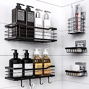 BTSD-home Shower Caddy Bathroom Organizer 5 Pack Rustproof Shower Rack Adhesive Shower Shelves with 4 Hooks, 2 Soap Holder, 1 Toothbrush Holder, Stainless Steel for Home Decor Bathroom Accessories