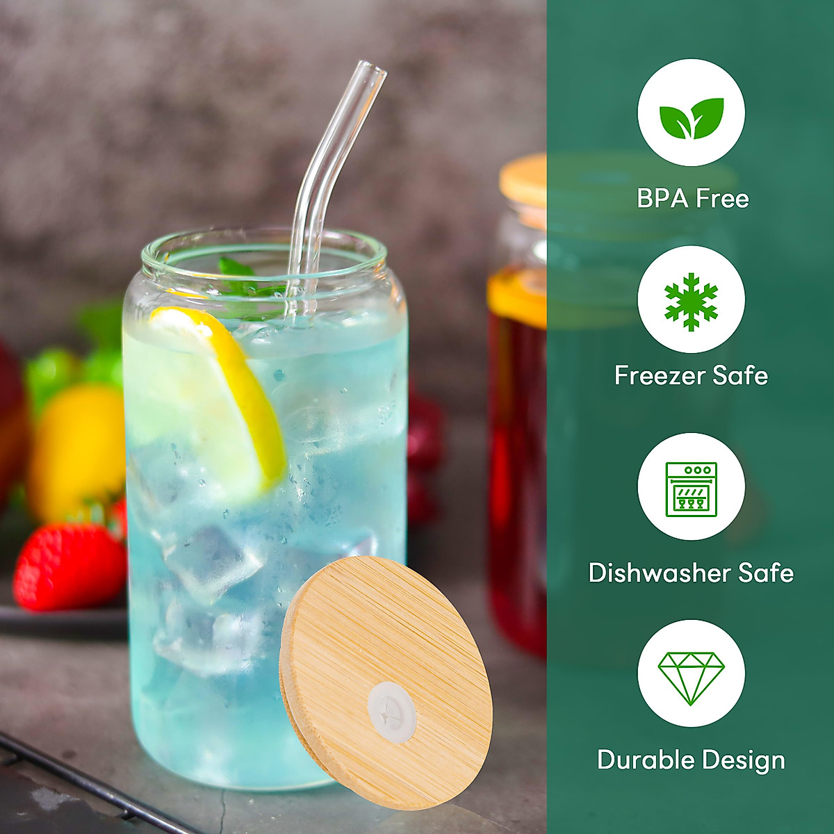 Joyclub 12 Set Glass Cups with Bamboo Lids and Straws 16oz Can Shaped Reusable Iced Coffee Cups with Lids, Drinking Glasses Tumbler with Straw and Lid for Soda Boba Tea Cocktail Whiskey Gift