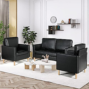 AILEEKISS Mid-Century Sectional Sofa Set Faux Leather Office 3 Pcs Couch Set with Armrest Modern Upholstered Loveseat Couches (1-Seater+1-Seater+2-Seater, Black)