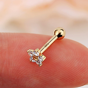 Jewseen 14KT Real Yellow Gold Solitaire Cubic Zirconia Cartilage Earrings 16g Flower Design Helix Stud Rings Solid Gold Tragus Conch Ear Piercing