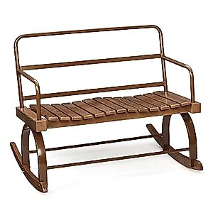 OLRIK Outdoor Rocking Chair, 2 Person Outdoor Rocking Chair with Coated Frame and Wooden seat Cushion, for Camping, Patio, Lawn, Garden, Yard or Balcony, Brown