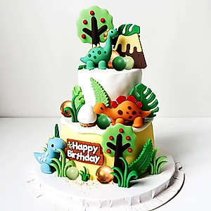 JeVenis Luxury Little Dinosaur Cake Decorations Dinosaur Cupcake Topper Green Rex Three Dino Cake Toppers for Birthday Baby Shower Party Supplies