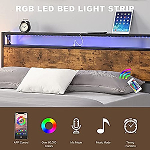 Modern Industrial Queen Bed Frame with LED Lights and 2 USB Ports, Metal Platform Bed Frame Queen Size with Storage, Noise Free, No Box Spring Needed, Strong Steel Slats Support, Rustic Brown (Queen)