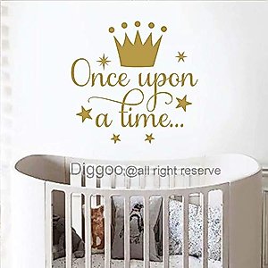 Diggoo Once Upon A Time Wall Decal Quote Princess Crown Wall Decal Princess Room Decor Girls Nursery Wall Art Sticker (Gold,18" h x 18.5" w)