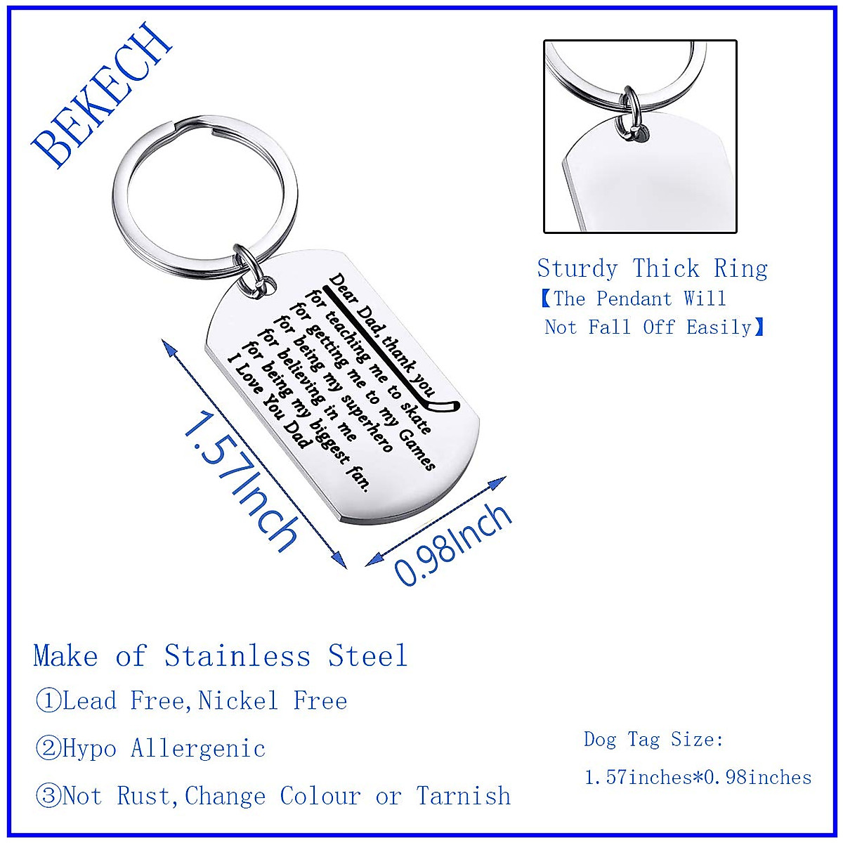 BEKECH Hockey Dad Gifts Ice Hockey Keychain Sport Dad Thank You Gift Dear Dad Thank You for Teaching Me to Skate Father's Day Hockey Gifts for Dad from Daughter Son(silver)