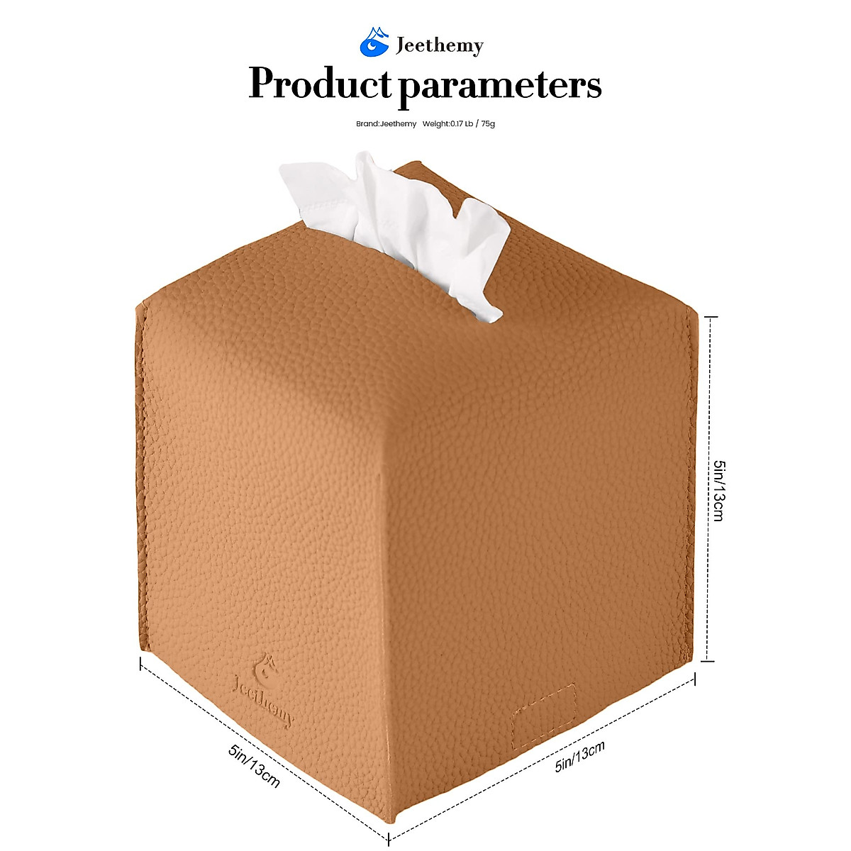 Tissue Box Cover, Jeethemy Square PU Leather Tissue Box Holder, Modern Tissue Case Facial Paper Organizer Dispenser，5X5X5'',Single Brown