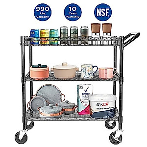 WDT 990Lbs Capacity Heavy Duty Rolling Utility Cart, NSF Rolling Carts with Wheels,Commercial Grade Metal Cart with Handle Bar & Shelf Liner,Trolley Serving Cart for Restaurant,Kitchen,Black