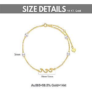 Rikelus 14K Gold Pearl Bracelets for Women Real Yellow Gold Ocean Beach Sea Wave Bracelet Freshwater Cultured Pearl Link Bracelet Jewelry Gift for Wife Mom Friend Ladies Her 6.5''+2''