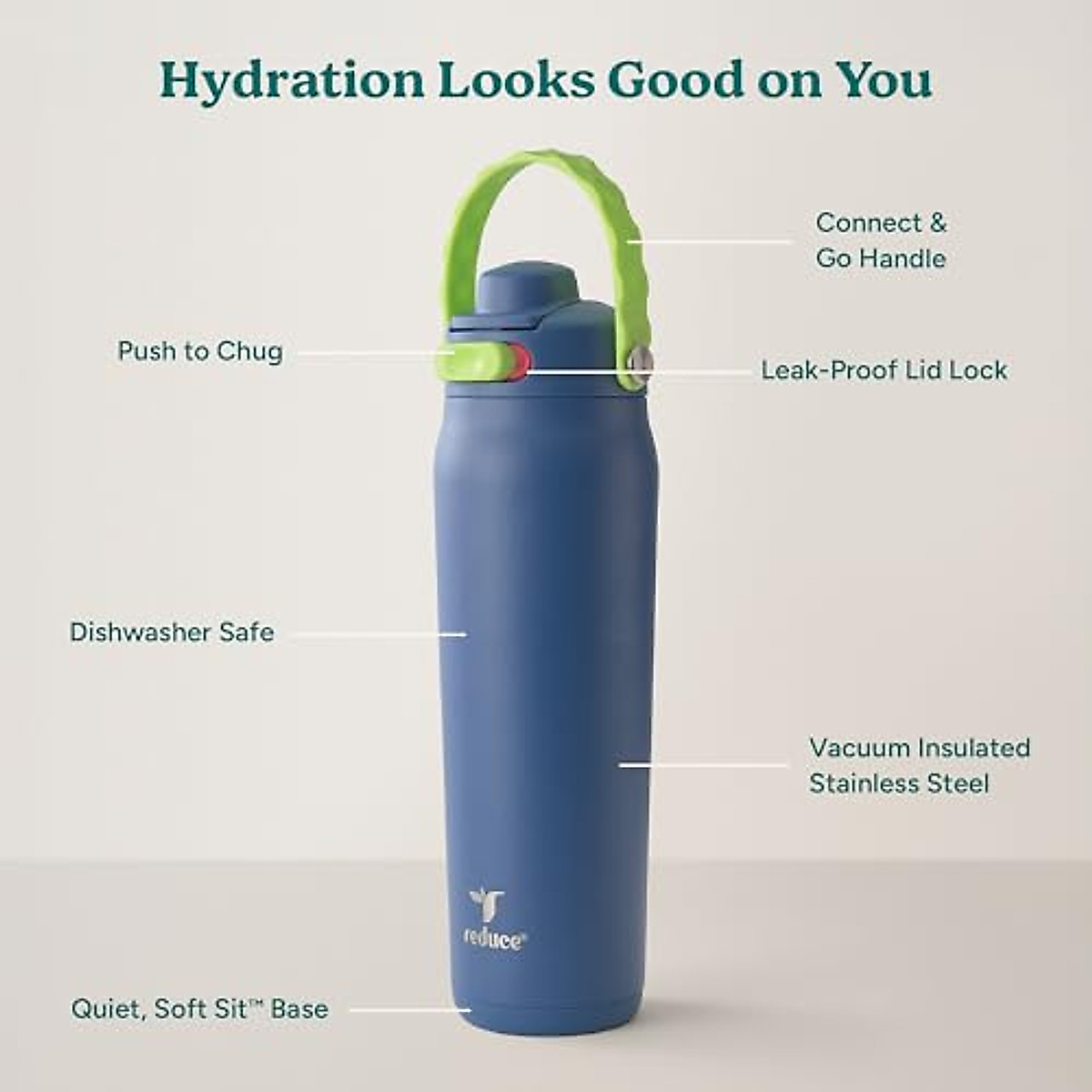 REDUCE Aura Vacuum Insulated 26 oz Water Bottle - Leak-Proof & Chug Spout for Quick Hydration - Keeps Drinks Cold for 30 Hours - Removable Handle for Travel or Gym - Soft Sit Base - Mineral Blue