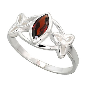 Sterling Silver Celtic Triquetra Knot Ring with Natural Garnet 3/8 inch wide, size 6