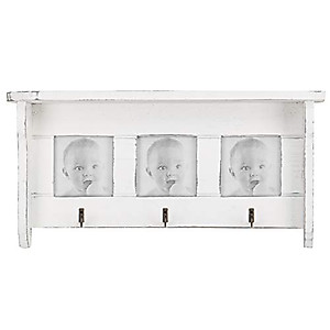 MyGift 16-Inch Wall-Mounted Vintage White Wood Entryway Display Shelf with 3 x 3 Picture Frames & Key Hooks