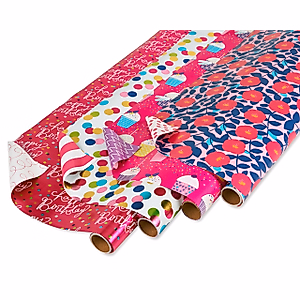 American Greetings Reversible Birthday Wrapping Paper, Floral, Cupcakes, and Polka Dots (4 Rolls, 120 sq. ft)